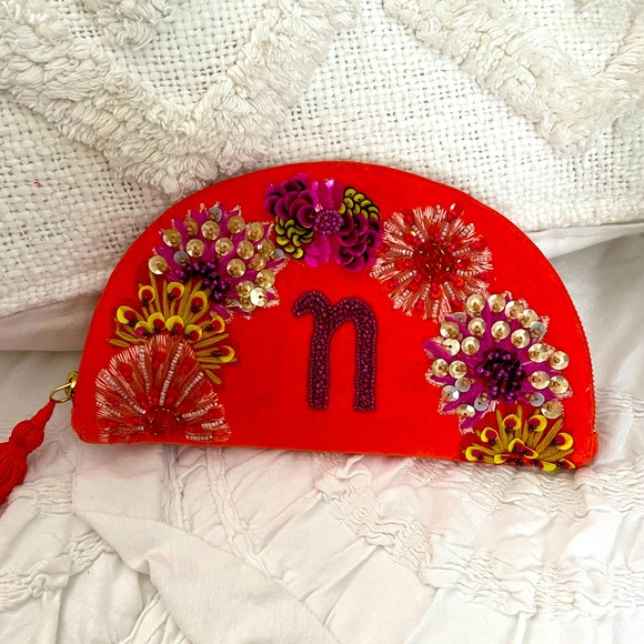 Anthropologie | Bags | Anthropologie Anna Harlow Russo Velvet Beaded Monogram Crescent Pouch N ...